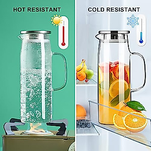 PARACITY Glass Pitcher with Lid and Spout 50oz/ 1.5L, Hot/Cold Water Pitcher, Iced Tea Pitcher for the Shelf of Fridge, Easy to Clean, High Borosilicate Glass Pitcher for Lemonde, Juice and Milk