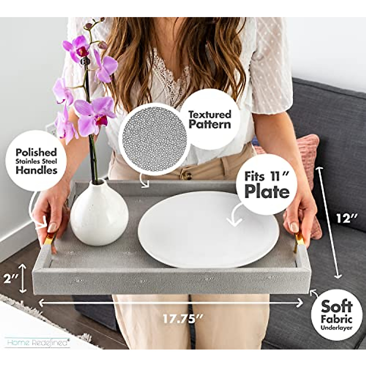 Modern Elegant 18"x12" Rectangle Grey Glossy Shagreen Decorative Ottoman Coffee Table Perfume Living Room Kitchen Serving Tray with Gold Polished Metal Handles by Home Redefined for All Occasion's