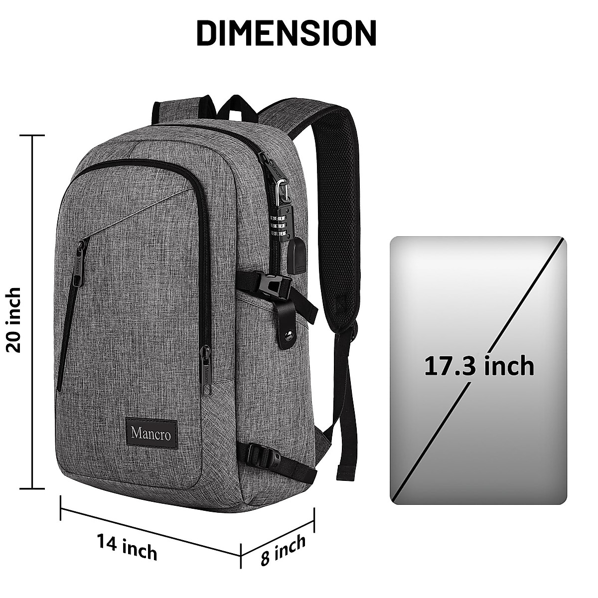 Mancro 17.3 Inch Business Laptop Backpack Large Travel Backpack with USB Charging Port Lightweight Anti-Theft Laptop Backpack for Men & Women
