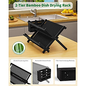 VOPOG Dish Drying Rack, 2 Tier Bamboo Dish Drying Rack with Utensil Holder, Collapsible Dish Rack Foldable Plate Organizer Holder Dish Drainer Set for Kitchen Countertop-Black