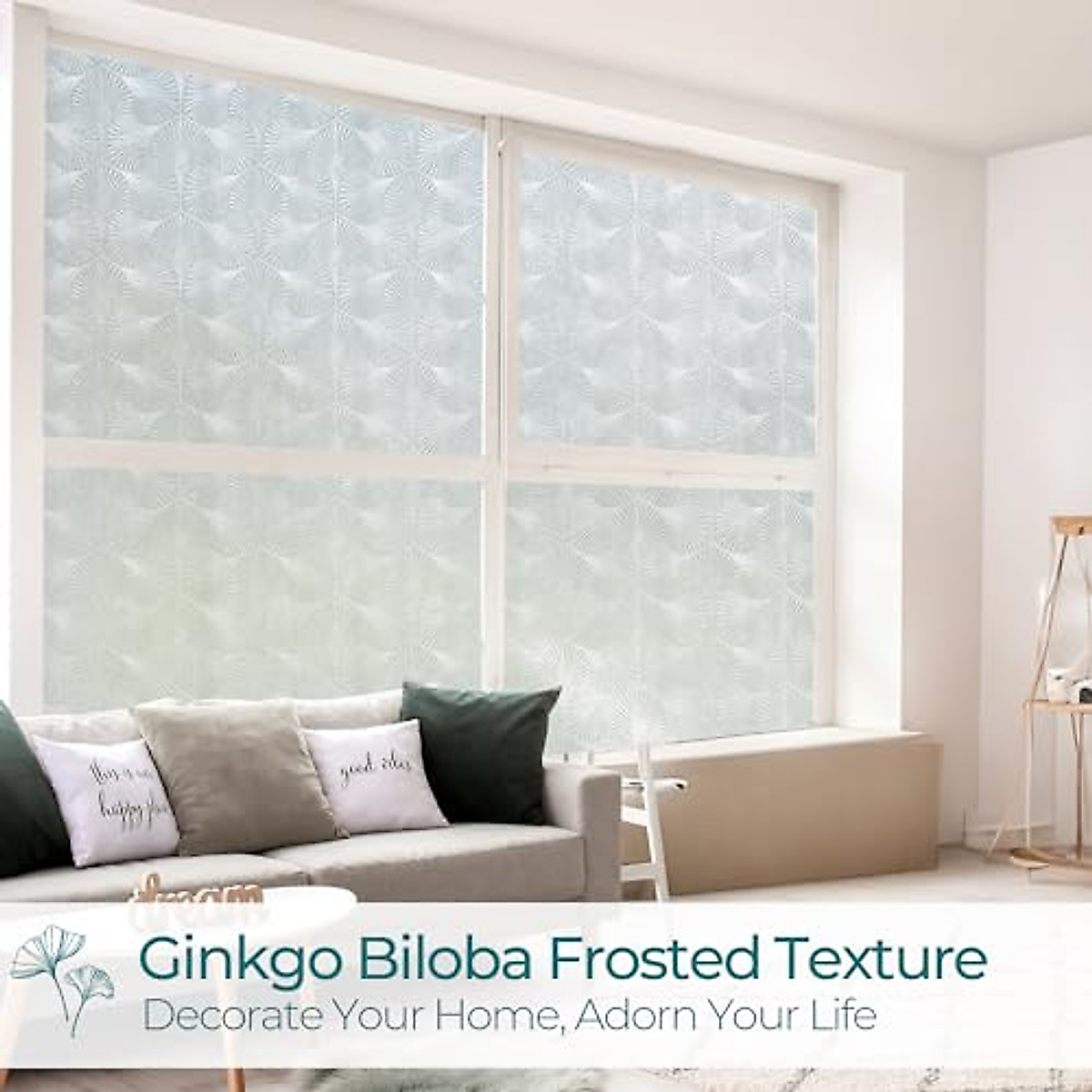 Windimiley Privacy Window Film Frosted Glass Window Cling Bathroom Peel and Stick Sun Blocking Decorative Ginkgo Opaque Door Window Tint for Home, 17.5x157.4 Inch