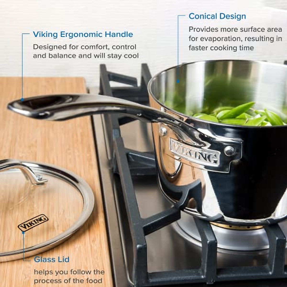 Viking Culinary Contemporary 3-Ply Stainless Steel Saucepan, 2.4 Quart, Includes Glass Lid, Dishwasher, Oven Safe, Works on All Cooktops including Induction