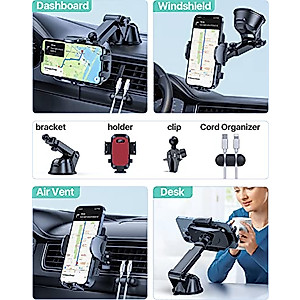 HTU Car Phone Holder Mount [Patent & Safety Certs] [Military Steel Clip & Super Suction Cup] Universal 3 in 1 Cell Phone Holder for Car Dashboard Windshield Vent Car Mount for iPhone Samsung Google