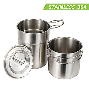 DZRZVD Camping Cups and Mugs Pot 2Pcs -304 Food Grade Stainless Steel - Outdoor Cookware Set with Vented Lid -33oz Big+24oz Small for Backpacking Picnic Hiking