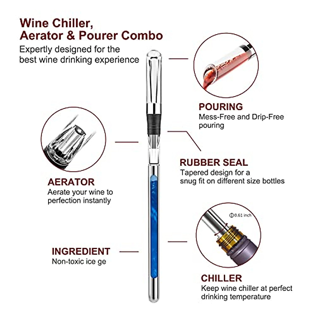 Wine Chiller Wine Aerator, 3-in-1 Stainless Steel Iceless Wine Bottle Cooler Stick, Aerating Pourer and Decanter Spout - Perfect Wine Accessories Gifts