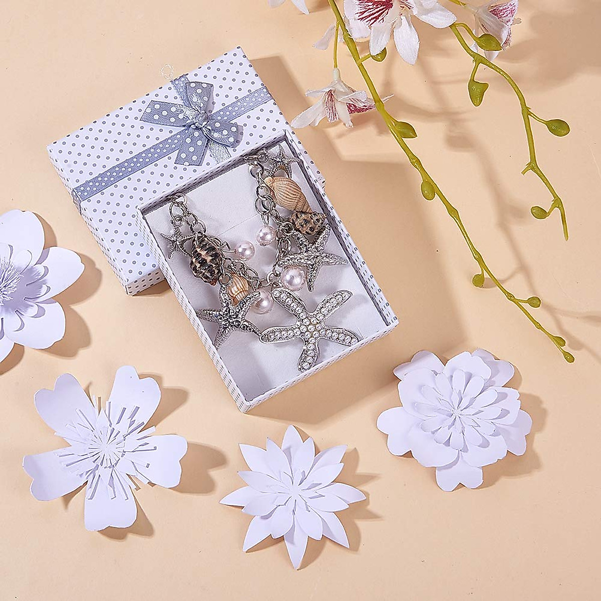 PH PandaHall Starfish Shell Anklet Bracelets, 7" Mermaid Bracelets Conch Starfish Faux Pearl Anklet Bracelet Charm Women Bohemian Adjustable Shell Bracelet Mermaid Costume Jewelry for Women, Silver