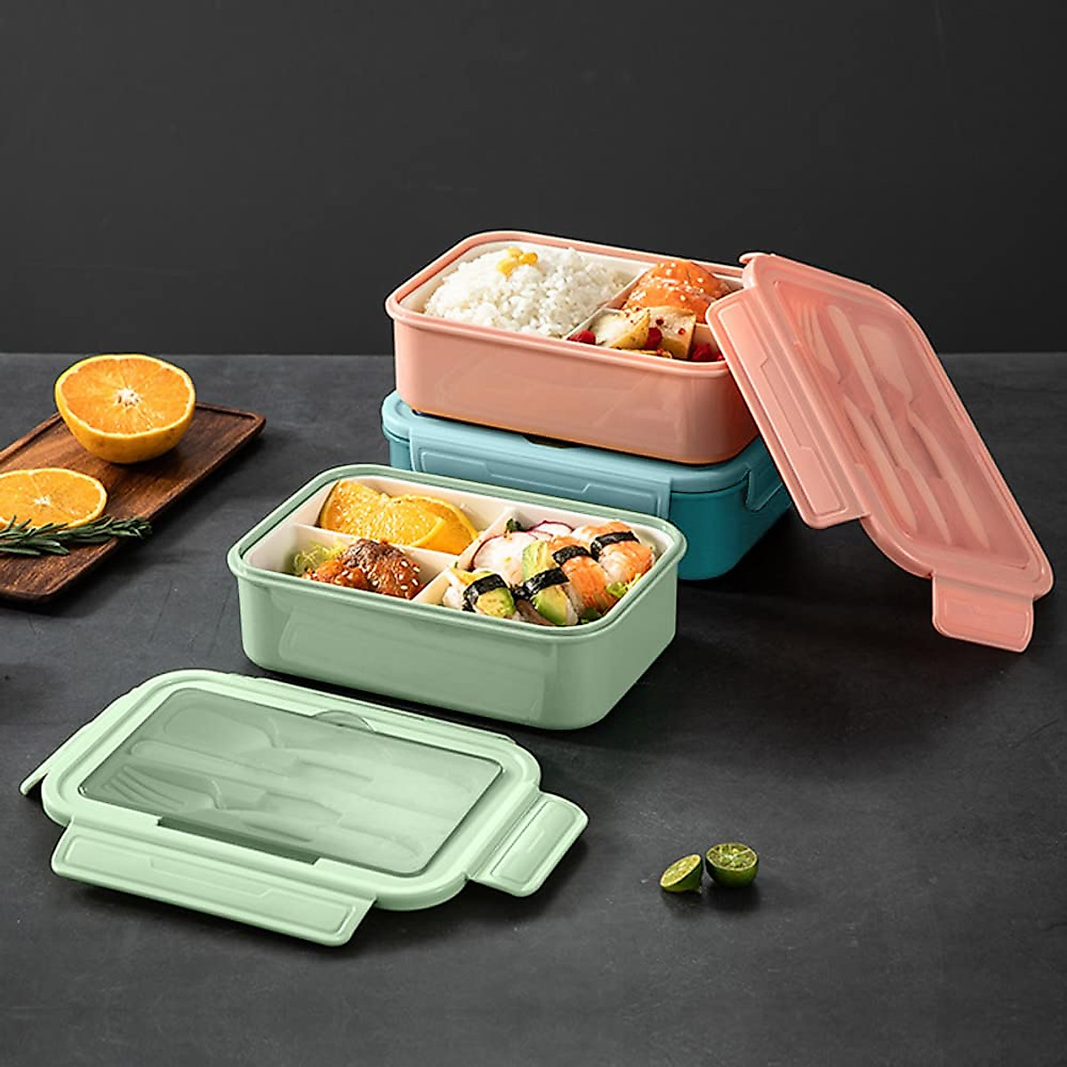 NatraProw Bento Box for Adult, 1400 ML Lunch Containers for Adults, LeakProof Lunch Box with Utensils, BPA Free, 3 Compartment Bento Box Microwave Safe, Light Blue