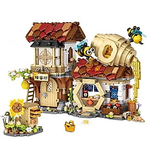 QLT QIAOLETONG Honey Workshop Mini Building Blocks, MOC Creative Building Toys Model Set for 7-9 Years Old Girls Boys, 1242 PCS Simulation Architecture Construction Toy, Gift Idea for Kids Adults