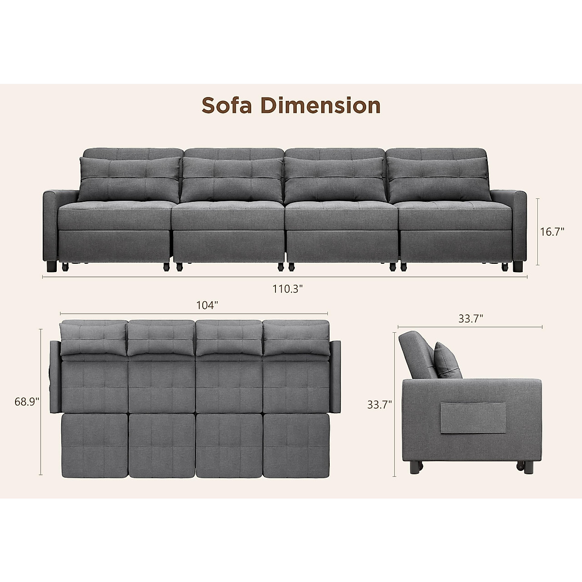 Aiho Pull Out Couch - 4-Seater Sectional Sleeper Sofa, Convertible with Adjustable Backrest & Spring Support for Living Room, Dark Grey