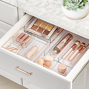 mDesign Plastic Beauty Organizer Bin for Bathroom Drawers, Vanity, or Countertops, Storage for Makeup Brushes, Palettes, Blush, Concealers, or Hair Ties, Lumiere Collection, 6 Pack, Clear/Rose Gold