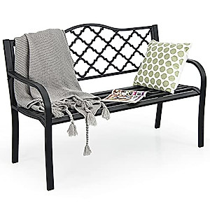 Tangkula Outdoor Steel Garden Bench, Patio Park Bench w/Iron Casted Seat, Armrest & Backrest, Outdoor Welcome Bench Chair Furniture Suitable for Garden Patio Yard
