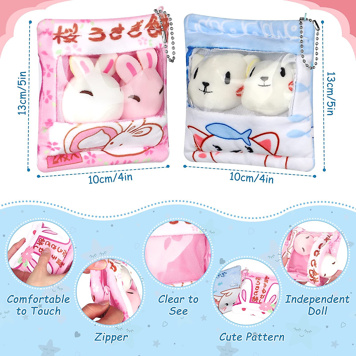Zomiboo 2 Pcs Kawaii Room Decor Cute Plush Stuffed Pillows Snack Mini Toys Soft Cartoon Baby Back to School Doll Key Chain Gifts for Birthday Party Favors (Pink,Blue,Bunny,Cat)
