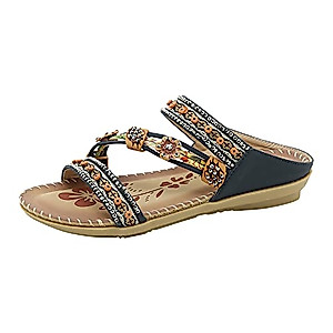 Summer Fashion Women Casual Open Toe Flat Flowers Rhinestone Comfortable Soft Bottom Soft Cushion Sandals for Women (Blue, 7.5)