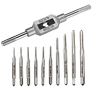 Saipe 10pcs Micro Taps Bit Small Hand Screw Thread Taps M1-M3.5 HSS Mini Metric Plug Tap Screw Tap Drill Tap Drill Set Tapping tool with Adjustable Tap Wrench 1/16-1/4''