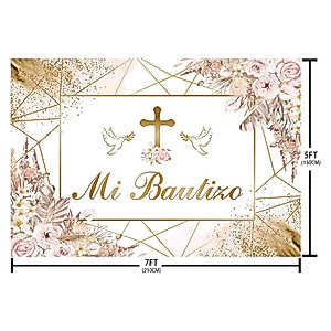 AIBIIN 7x5ft Boho Mi Bautizo Backdrop Mexican Baptism Christening Girl First Holy Communion Party Decorations Bohemian Pink Floral Pampas Photography Background Newborn Baby Shower Photo Booth Props