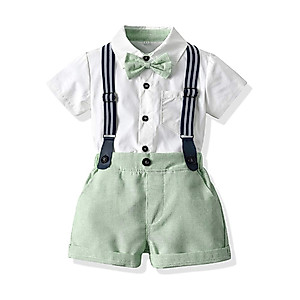 Joycebaby Baby Boys Gentleman Outfits Suits Short Sleeve Bowtie Shirt+Suspender Shorts Clothes Set Overalls(110/3-4 Years, Green)