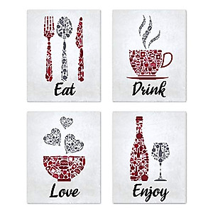 A LuxeHome Red Maroon Grey White Mosaic Vintage Inspirational Kitchen Restaurant Cafe Bar Wall Art Decorations Eat Drink Love Wine Coffee Hearts Prints Posters Signs Sets Rustic Farmhouse Country Home Dining Room House Decor Funny Sayings Quotes Unframed