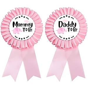 HAPPYLAND Baby Girl Shower Decorations Pink Baby Elephant Set Tinplates Badge Mommy to Be and Daddy to Be Baby Shower