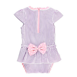 RuffleButts Infant/Toddler Girls Peplum Skirt One Piece Rash Guard Swimsuit - Lilac Seersucker - 12-18m