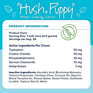 Okoa Pet "Hush Puppy Calming Dog Treats - Vet Formulated, Natural Peanut Butter Flavor Soft Chews - Anxiety Relief for Dogs with Hemp - Ideal for Separation, Travel, Fireworks - Made in USA (2 Pack)