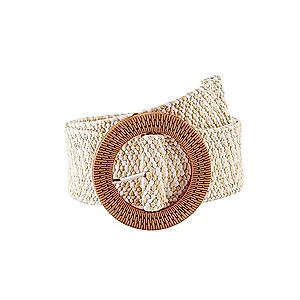 Verdusa Women's Round Buckle Elastic Straw Belts Boho Waist Belt Black White Beige 80