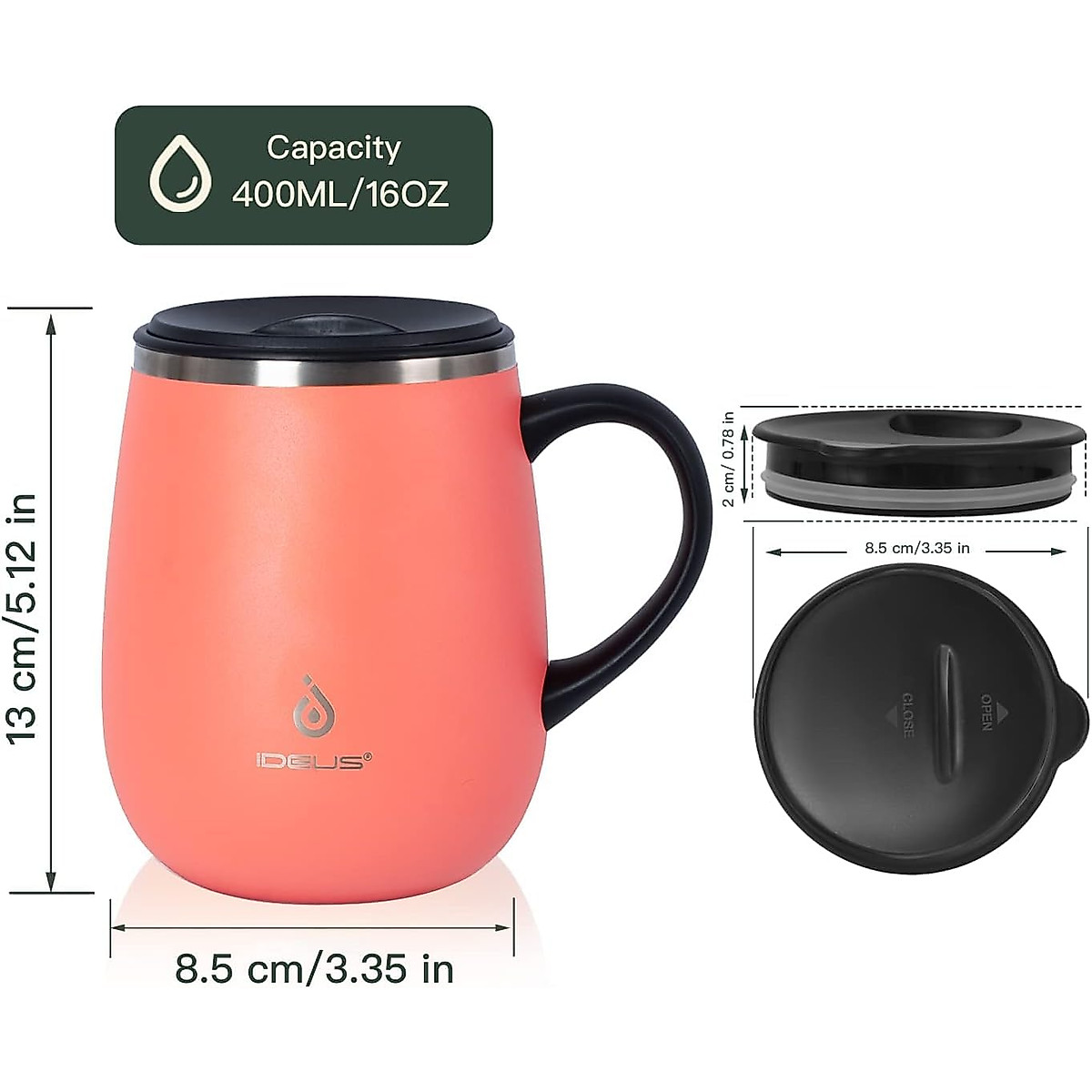 Ideus 16 oz Insulated Coffee Mug with Handle and Lid, Double Wall Stainless Steel Vacuum Insulated Tumbler Cup, Travel Coffee Cup Thermal Cup for Home and Office, Coral