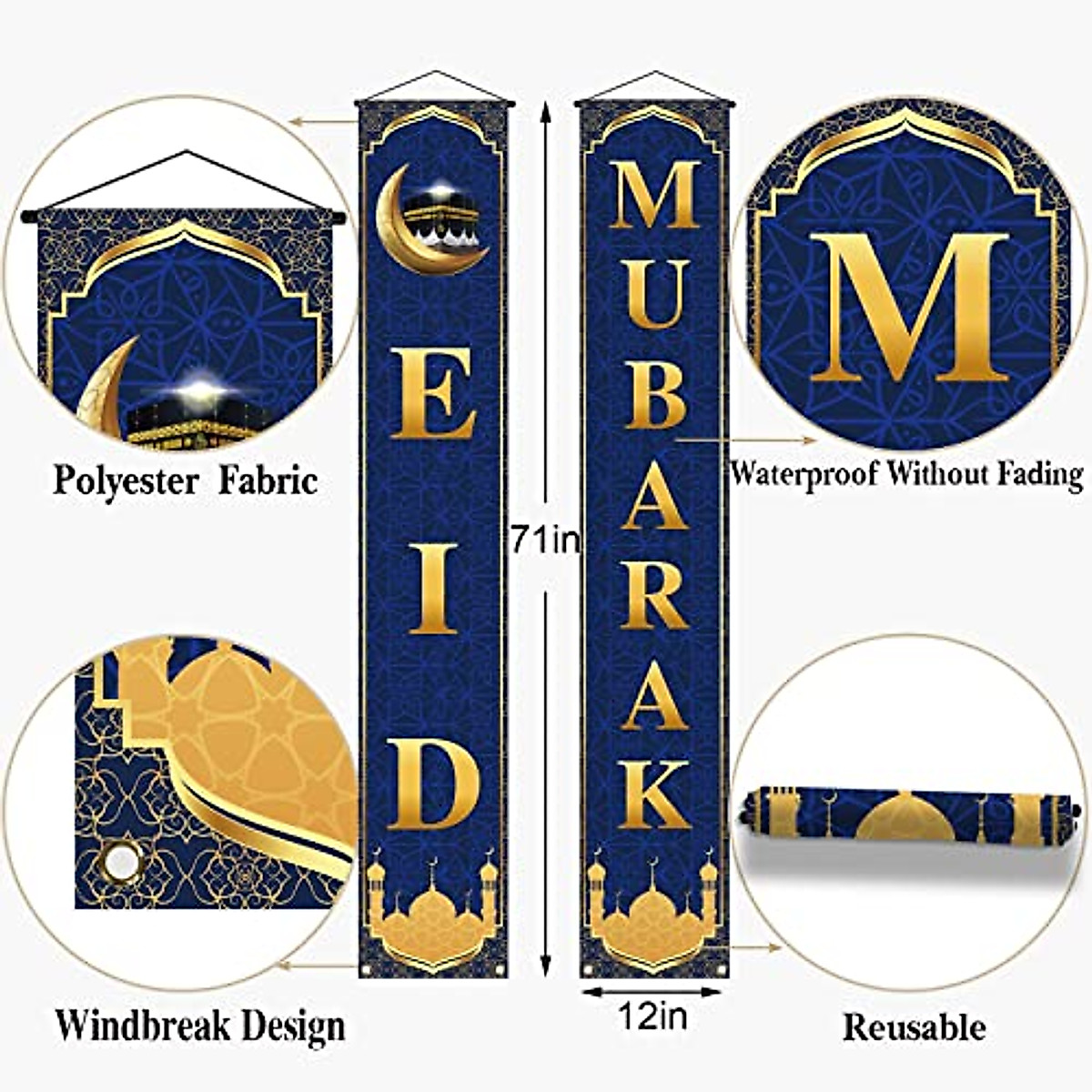 Eid Mubarak Decoration Porch Sign Ramadan Mubarak Banner Hanging Sign Islamic Eid Festival Celebration Welcome Wall Hanging Flag Muslim Ramadan Party Decor(Blue)
