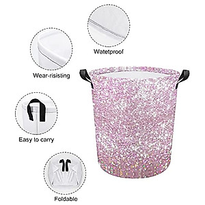 Pink Shiny Glitter printing Laundry Baskets Collapsible Waterproof Laundry Hamper with Handles Round Toy Storage for Dirty Clothes,Kids Toys,Bedroom,Bathroom