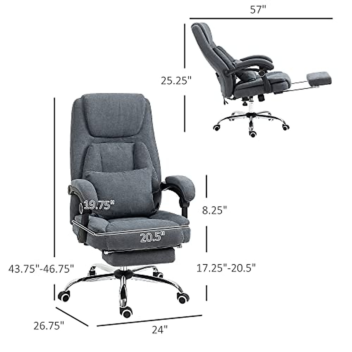 Vinsetto 3D Kneading Massage Office Chair with Reclining, Swivel Fabric Computer Chair with Footrest, Armrest, Gray