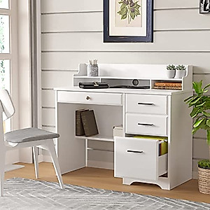 White Desk with Drawers and Storage, Home Office Desk Computer Desk with 4 Drawers & Hutch, Home Desk Small White Desk with Drawers for Bedroom, Home Office, White