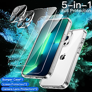 JETech 5 in 1 Case for iPhone 13 Pro Max 6.7-Inch, with 2-Pack Screen Protector and Camera Lens Protector, Non-Yellowing Shockproof Bumper Phone Cover, Full Coverage Tempered Glass Film (Clear)
