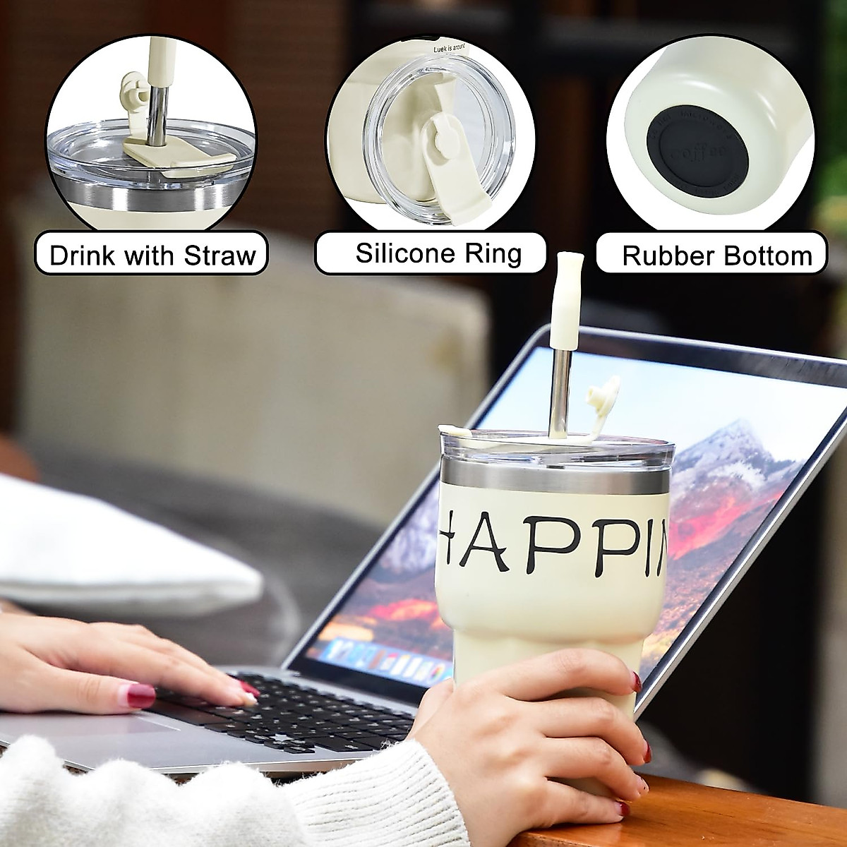 21 oz Travel Coffee Mug, Insulated Tumbler with Lid and Straw, Double Wall Vacuum Insulated Tumbler, Reusable Coffee Cup Gifts for Women, Tea and Drinks, White