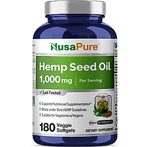 NusaPure Hemp Oil Capsules, 1,000mg Per Serving, 180 Veggie Softgels, Non-GMO, Vegan