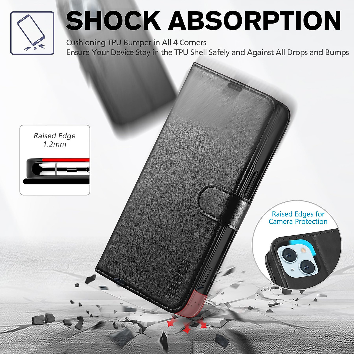 TUCCH Wallet Case for iPhone 15, [RFID Blocking] 4 Card Holder Kickstand [Shockproof TPU Interior Case] PU Leather Magnetic Closure Protective Flip Cover Compatible with iPhone 15 5G 6.1" 2023, Black