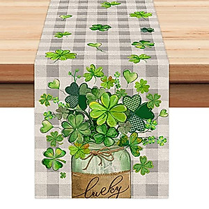 ARKENY St Patricks Day Lucky Green Shamrock Table Runner 72 Inches, Vase Buffalo Plaid Spring Seasonal Holiday Decor for Dining Table Indoor Home Farmhouse Tabletop Decoration AT387
