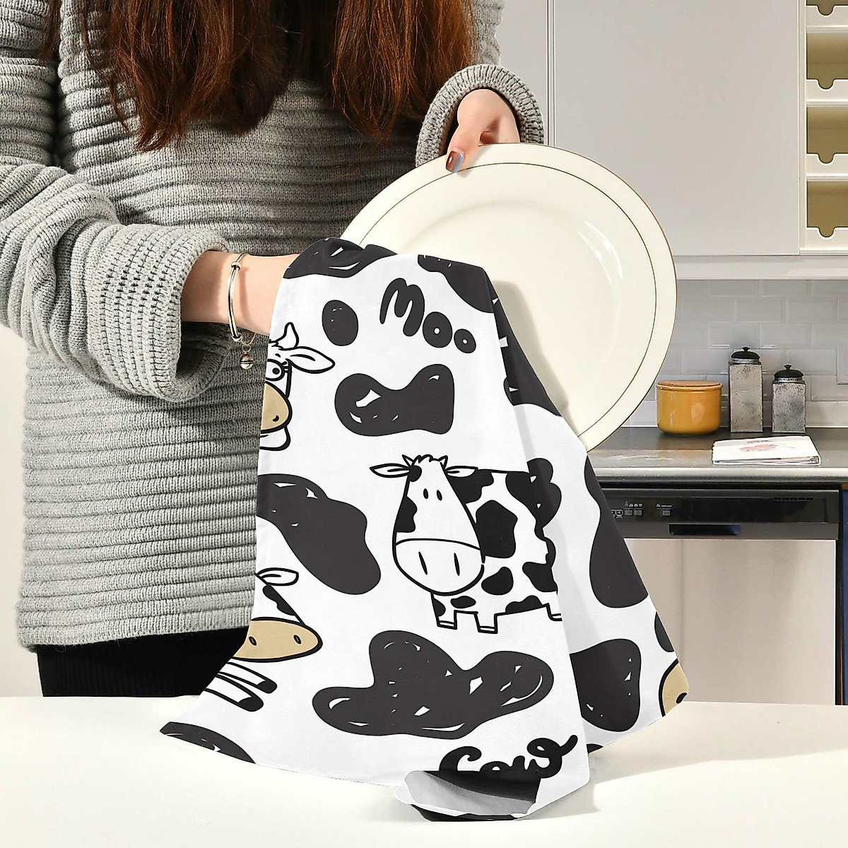 SLHKPNS Milk Cow Cartoon Kitchen Dish Towel Set of 1, Kawaii Moo Childish 18x28in Absorbent Dishcloth Reusable Cleaning Cloths for Household Use