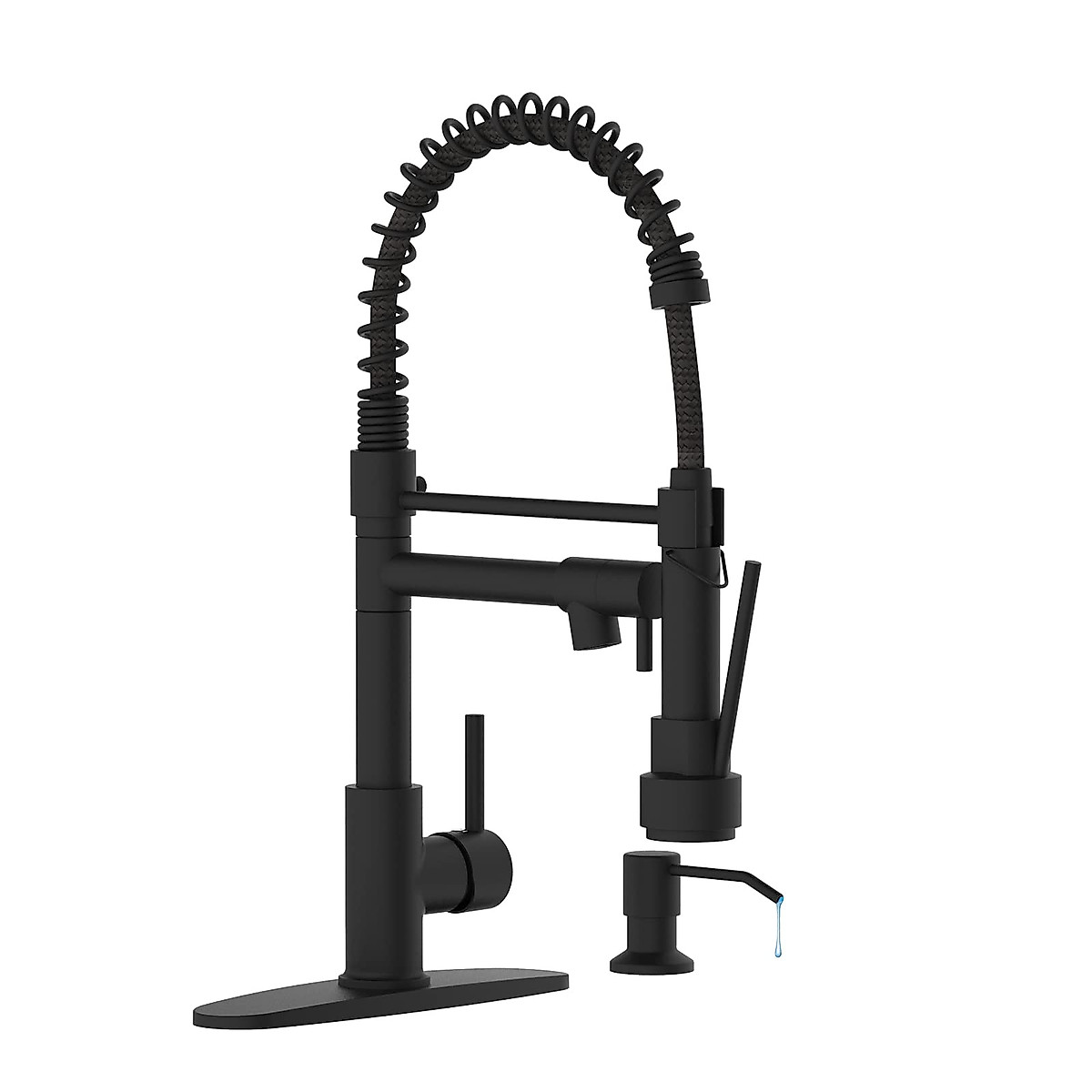 Casavilla Kitchen Faucet with Soap Dispenser, Single Handle Spring Kitchen Sink Faucets with Pull Down Sprayer and Deck Plate,Black Faucet for Camper Farmhouse RV Kitchen Sink,Dual Function Spray Head