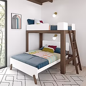 Max & Lily Twin over Full L-Shaped Bunk Bed, Mid-Century Modern Bunk Solid Wood Bunk for Kids, Strong Wood Slat Support, No Box Spring Needed, White/Walnut