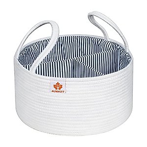Large Baby Diaper Caddy Organizer 15"X7.4" Round Hanging Nursery Storage Bin Portable Changing Table/Car Travel Tote Bag Removable Inserts Newborn Registry Boy Girl Shower Rope Basket