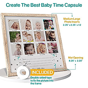 1Dino My First Year Baby Keepsake Picture Frame - 13.2"x 13.2" Rustic Wood Baby Frame Hold 12 Months Photo Inserts - Newborn Baby Registry, Shower Gift for Boys and Girls, Wall or Desk Nursery Decor