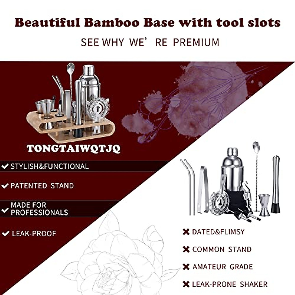 TONGTAIWQTJQ Bartender Kit Cocktail Shaker with Stylish Bamboo Stand,18-Piece Bar Tool Set with Recipes Booklet,Home Drink Mixer Set