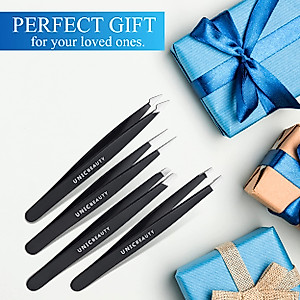 Tweezer Set 4-Piece for Men & Women - Professional Edge and point for Ingrown Hair,Eyebrow, Splinter, Facial & Blackhead Removal - Stainless Steel tweezers (Black)