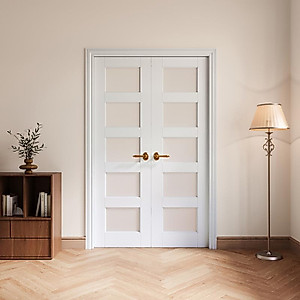French Interior Door 48" x 80" (Double 24" x 80") 5 Lites Tempered Frosted Glass Door Panels, Pantry Door Slab Closet Door Easy Assembly - Without Hardware Kit
