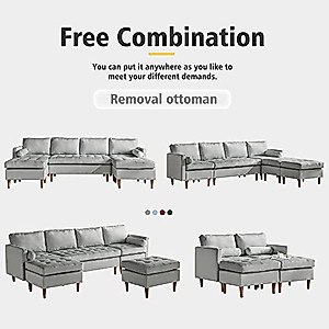 wirrytor Modular Sectional Sofa, Velvet U Shaped Couch, Modular Sectional with Reversible Ottomans for Living Room, Grey