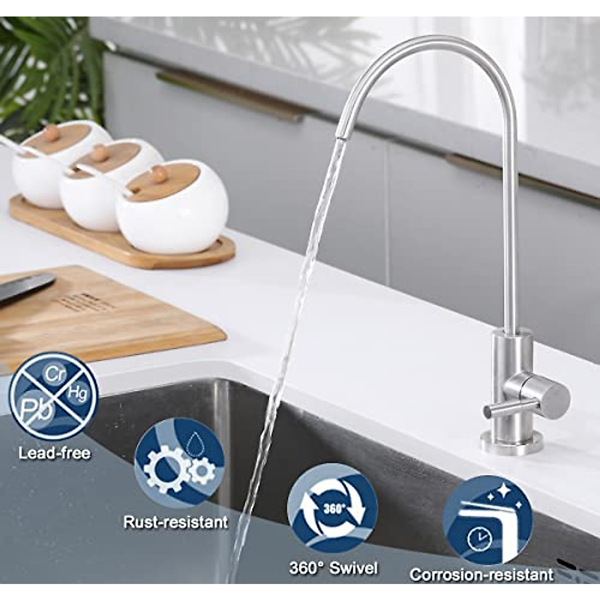 ESOW 100% Lead-Free Kitchen Water Filter Faucet, Fits Most Reverse Osmosis and Water Filtration System for Kitchen Bar Sink in Non-Air Gap, SUS304 Stainless Steel Brushed Nickel Finish