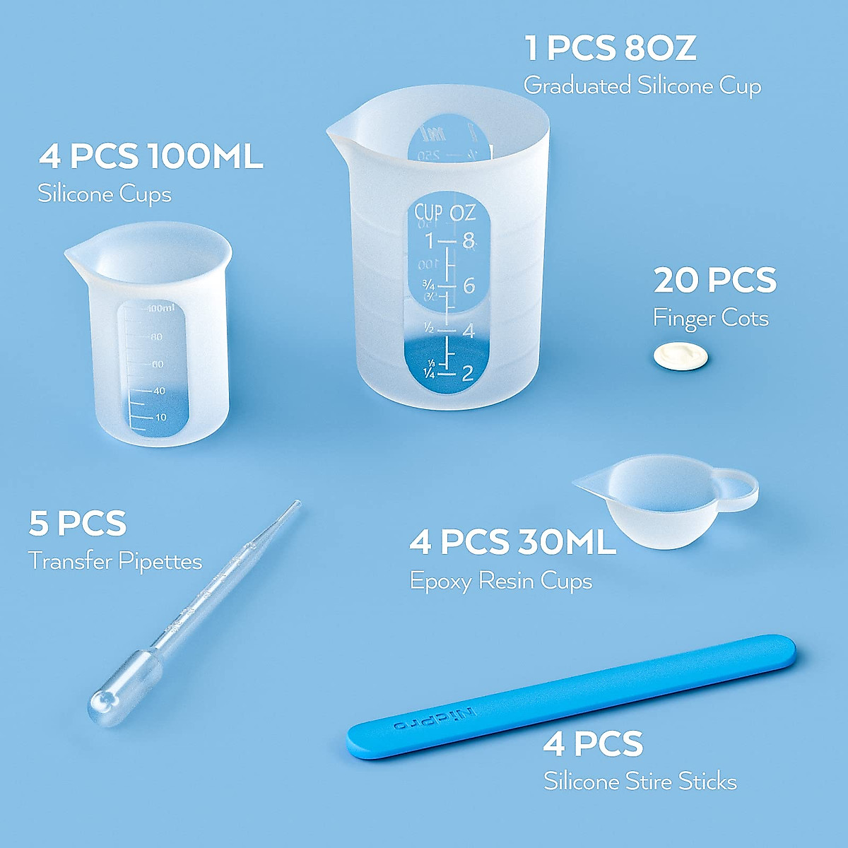 Silicone Resin Measuring Cups Tool Kit- Nicpro 250 & 100 ml Measure Cups, Silicone Popsicle Stir Sticks, Pipettes, Finger Cots for Epoxy Resin Mixing, Molds, Jewelry Making, Waxing, Easy Clean