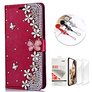 STENES Bling Wallet Phone Case Compatible with Samsung Galaxy Z Fold 2 5G - Stylish - 3D Handmade Flowers Floral Butterfly Design Leather Cover with Neck Strap Lanyard & Screen Protector - Red
