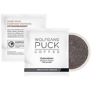 Wolfgang Puck Coffee, Colombian Organic Fair Trade, 9.5 Gram Soft Pod, 18 Count (Pack of 6)