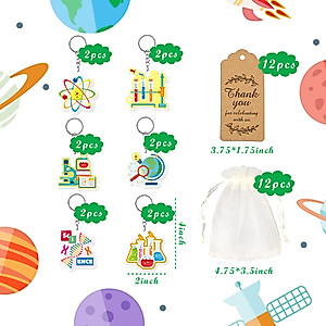 BUYWUMORE Science Party Favors 12 Sets with Keychains Thank You Kraft Tags and Organza Bags for Scientist Theme Birthday Party Classroom Rewards School Party Supplies