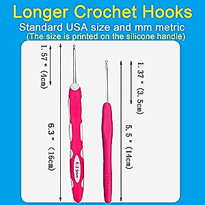Ctcwsh 9 PCS Longer Ergonomic Crochet Hook Set USA Standard Size B to J 2.0mm-6.0mm Smooth Soft Grip Handles Crochet Needles Knitting Needles for Arthritic Hands,Beginners and Experienced Crocheter